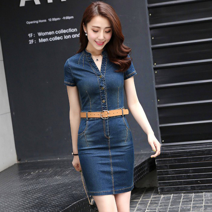 ĐẦM JEAN BODY ĐẸP CỔ V TAY NGẮN - NJ255